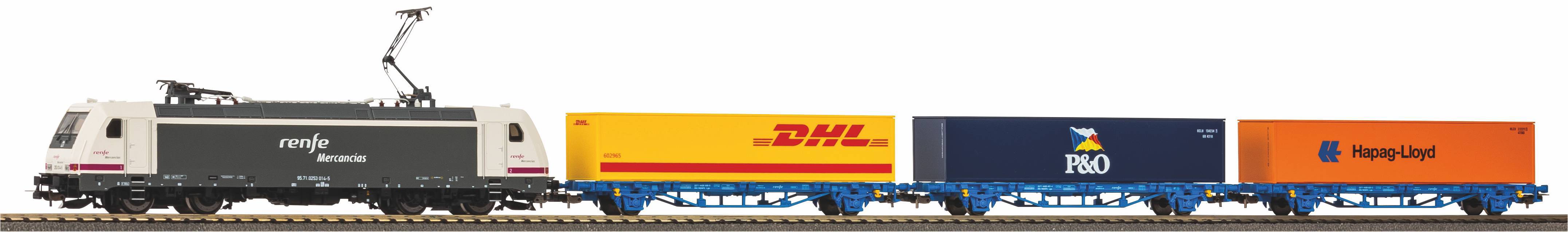 PIKO 96900 Start-Set mit Bettung TRAXX RENFE mit 3 Containertragwagen ...